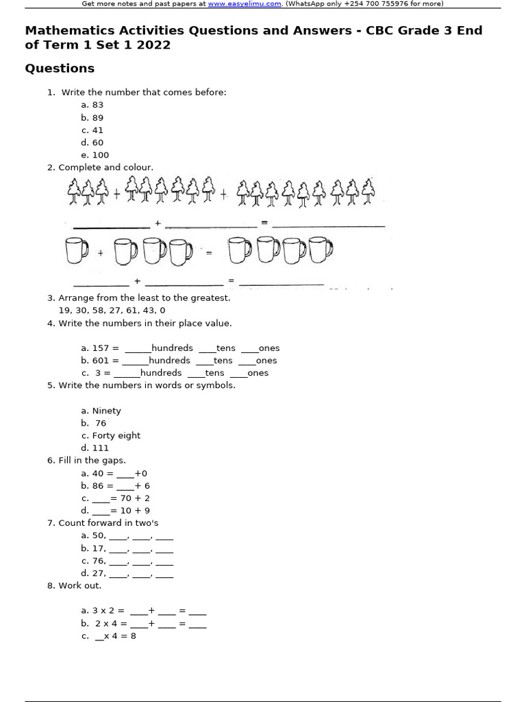 Grade 3 CBC Math, English, Kiswahili Q&A | PDF | Nonverbal ...