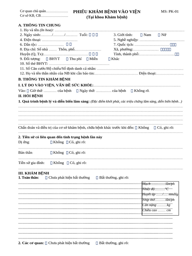 PK-01. Phieu Kham Benh Vao Vien (Khoa KB) | PDF