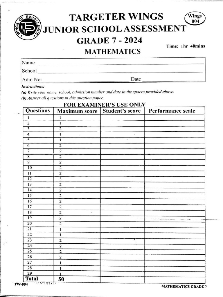 Grade 7 004 Targeter Wings All Subjects With Marking Scheme | PDF