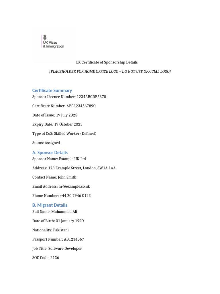 UK Skilled Worker Certificate Example | PDF