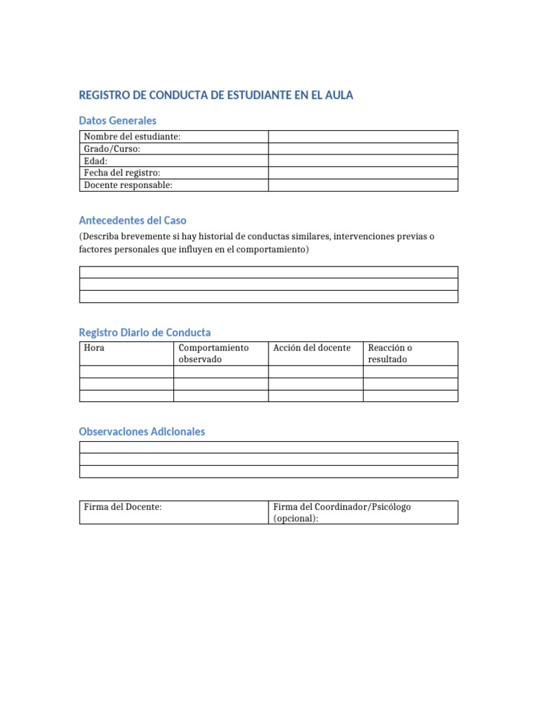 Registro de Conducta en el Aula | PDF