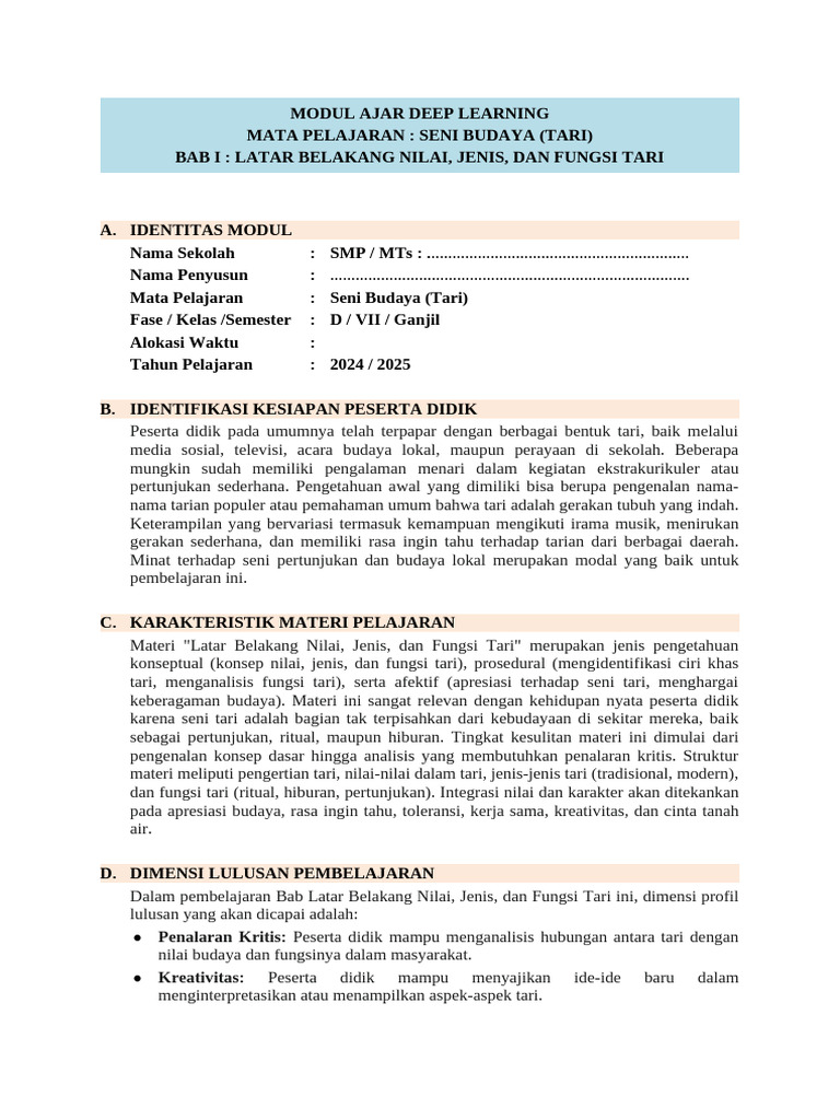 Modul Bab 1 Latar Belakang Nilai, Jenis, Dan Fungsi Tari | PDF