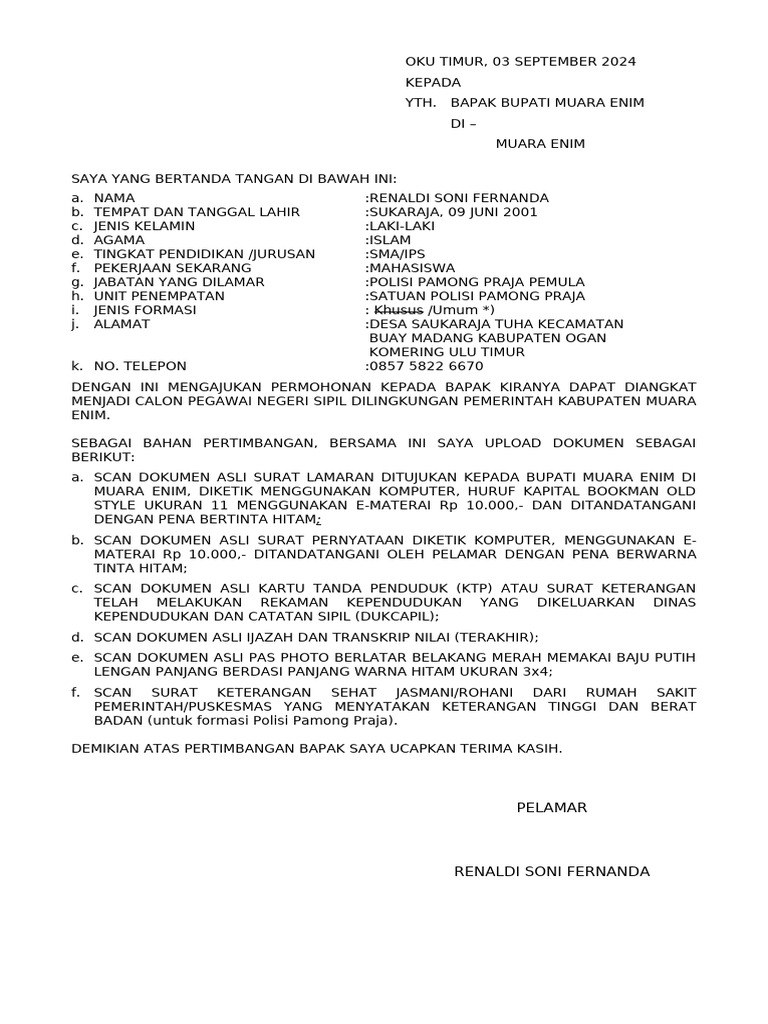 Permohonan CPNS Renaldi dan Fajar | PDF