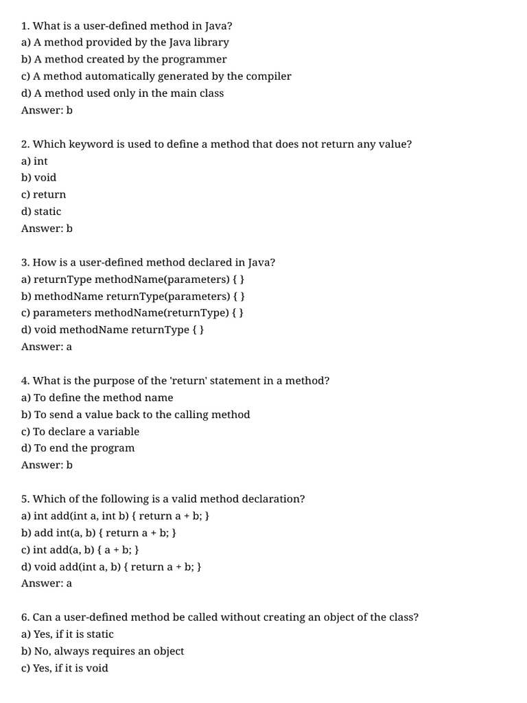 User Defined Method Mcqs | PDF | Method (Computer Programming) | Parameter (Computer Programming)