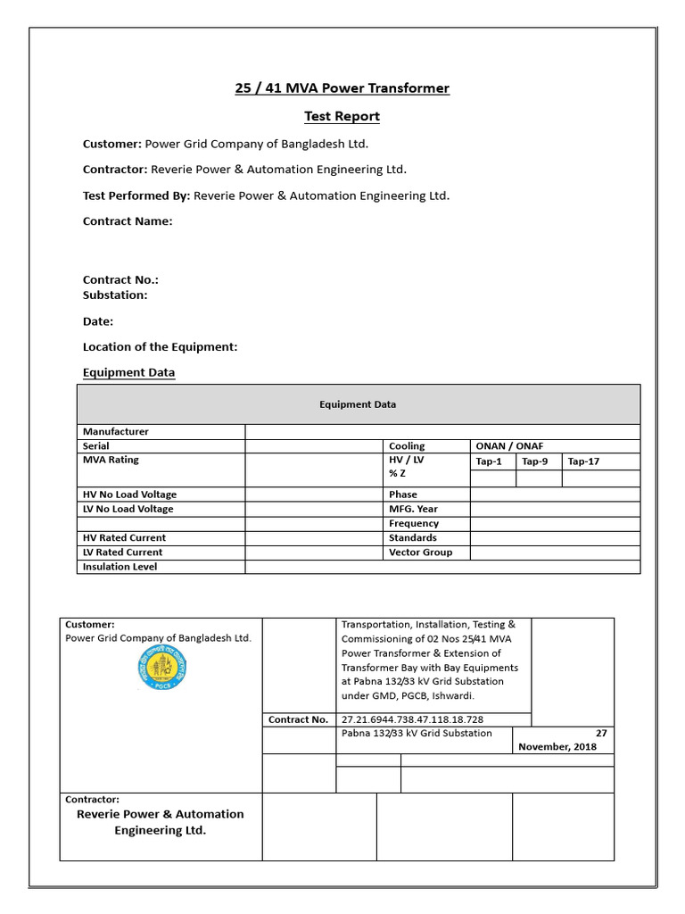 Power Transformer Test Report - PGCB | PDF | Transformer | Electric ...