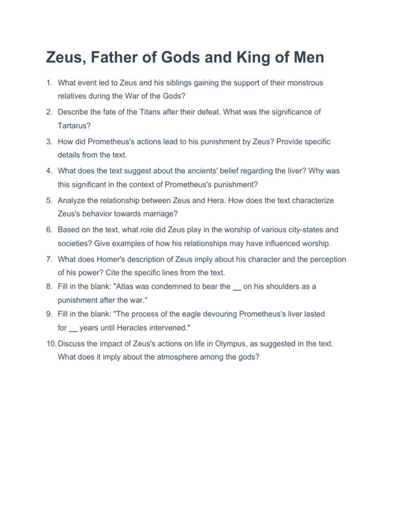 Zeus and Jupiter Comprehension Questions | PDF