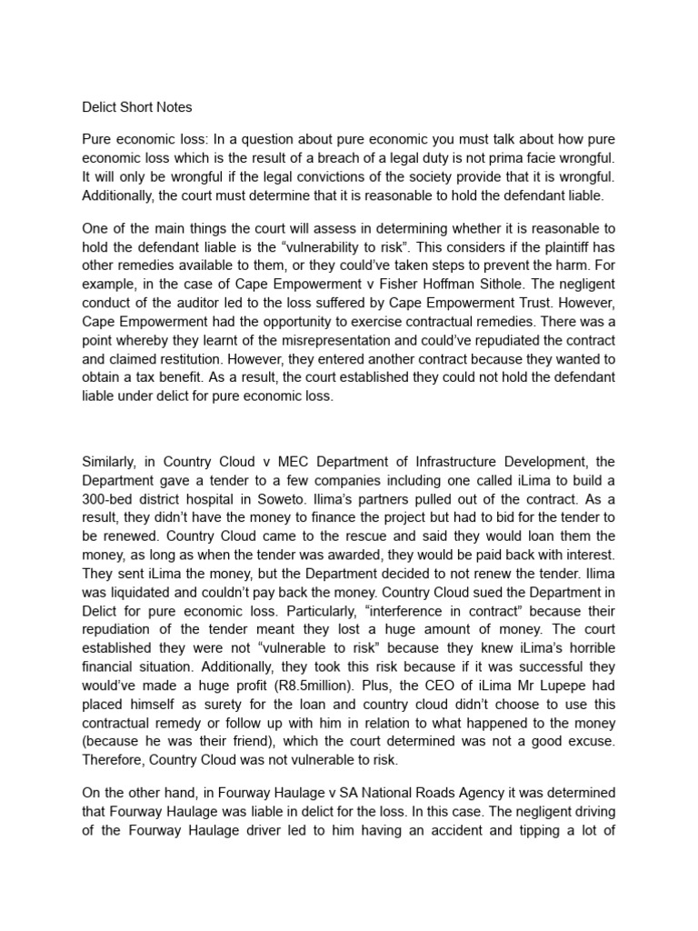 Pure Economic Loss in Delict Cases | PDF | Negligence | Legal Concepts
