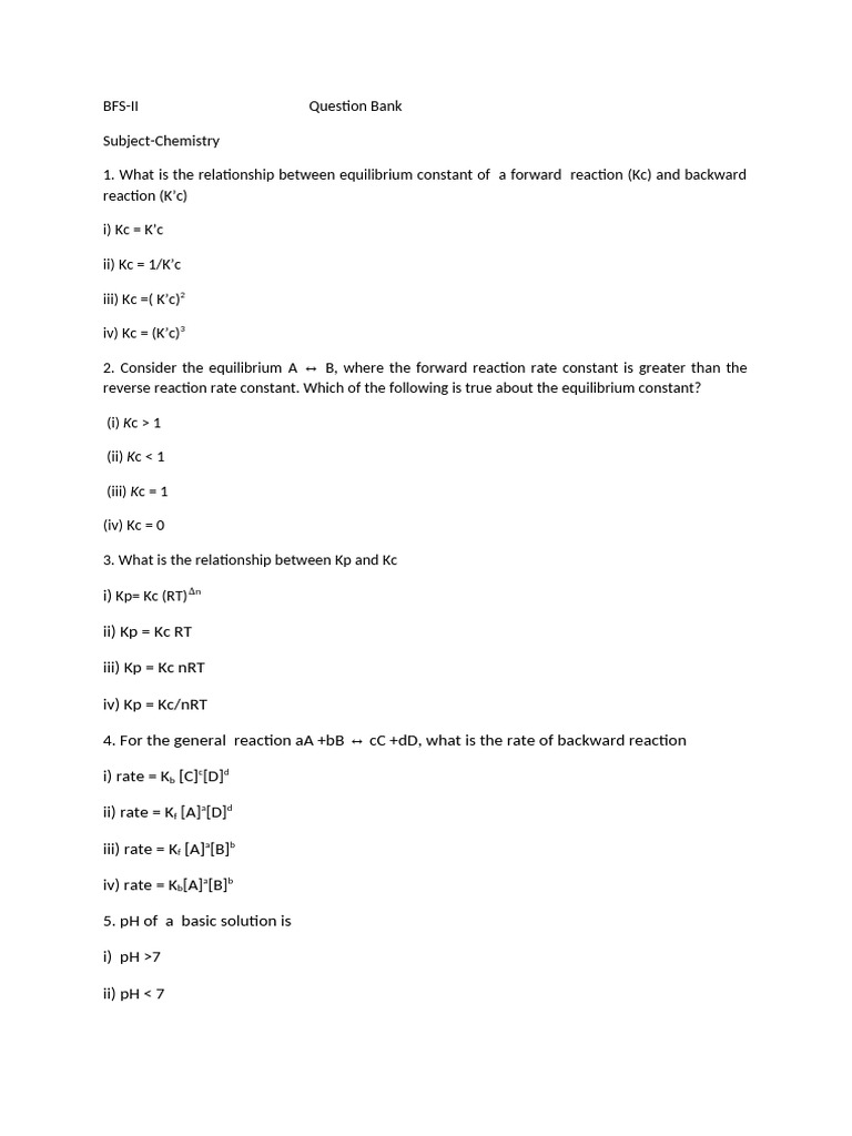 Chemistry Question Bank BFS II | PDF | Chemical Reactions | Chemical ...