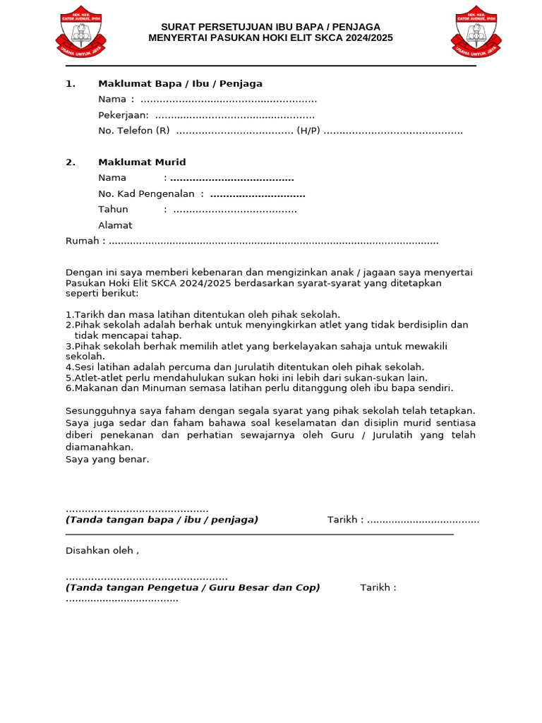 BORANG KEBENARAn Sertai Pasukan Hoki Elit SKCA 2024 | PDF