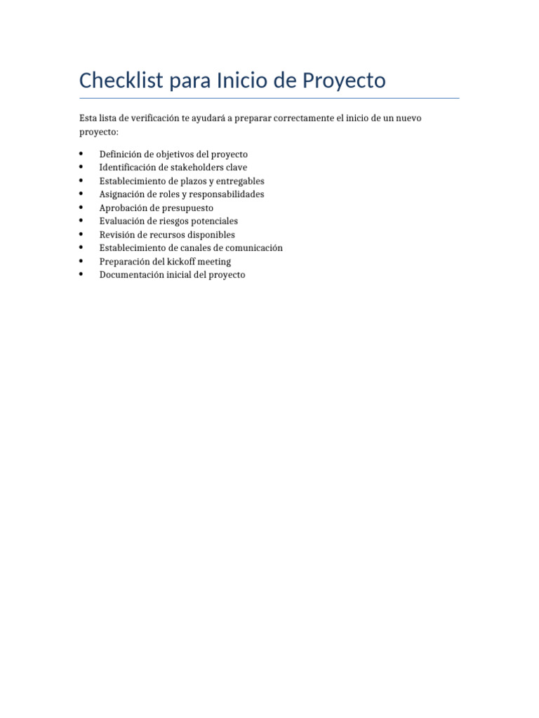 Checklist Inicio Proyecto | PDF