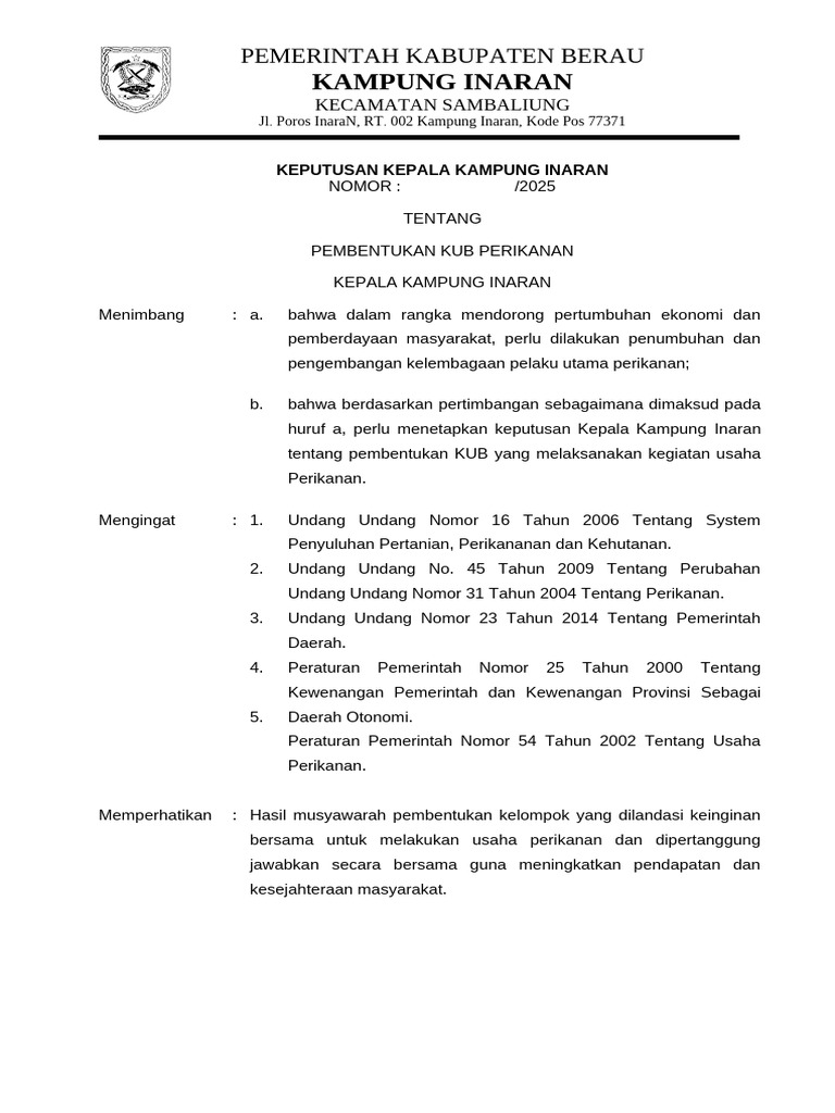 Pembentukan KUB Perikanan Inaran | PDF