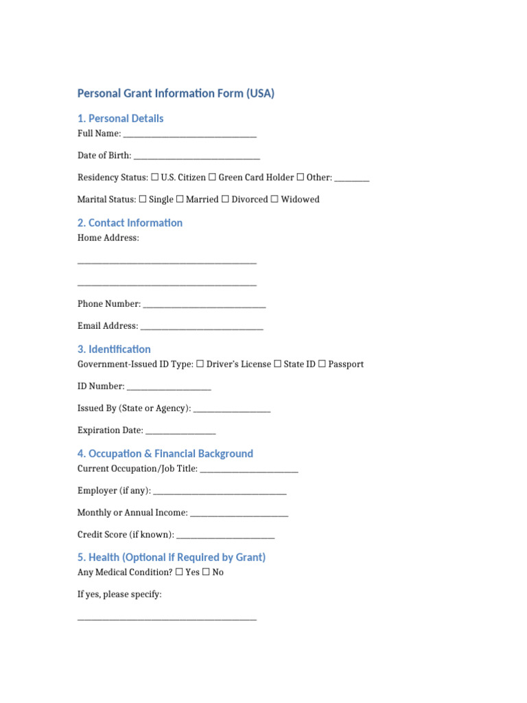 Personal Grant Information Form USA | PDF