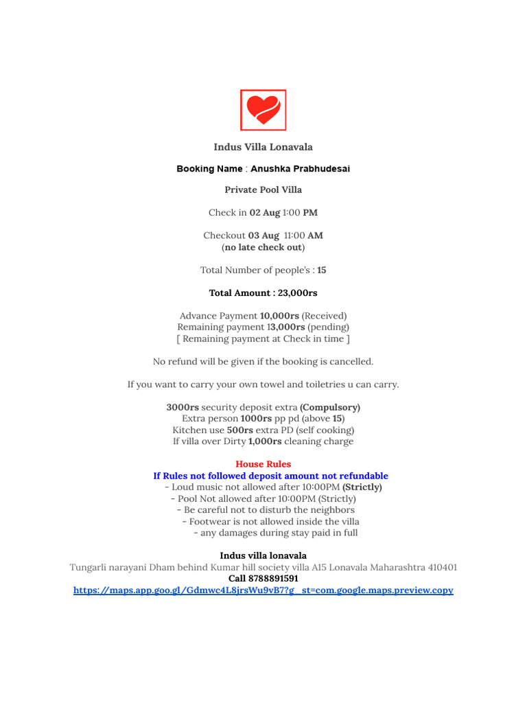 2 Aug Indus Villa Lonavala | PDF