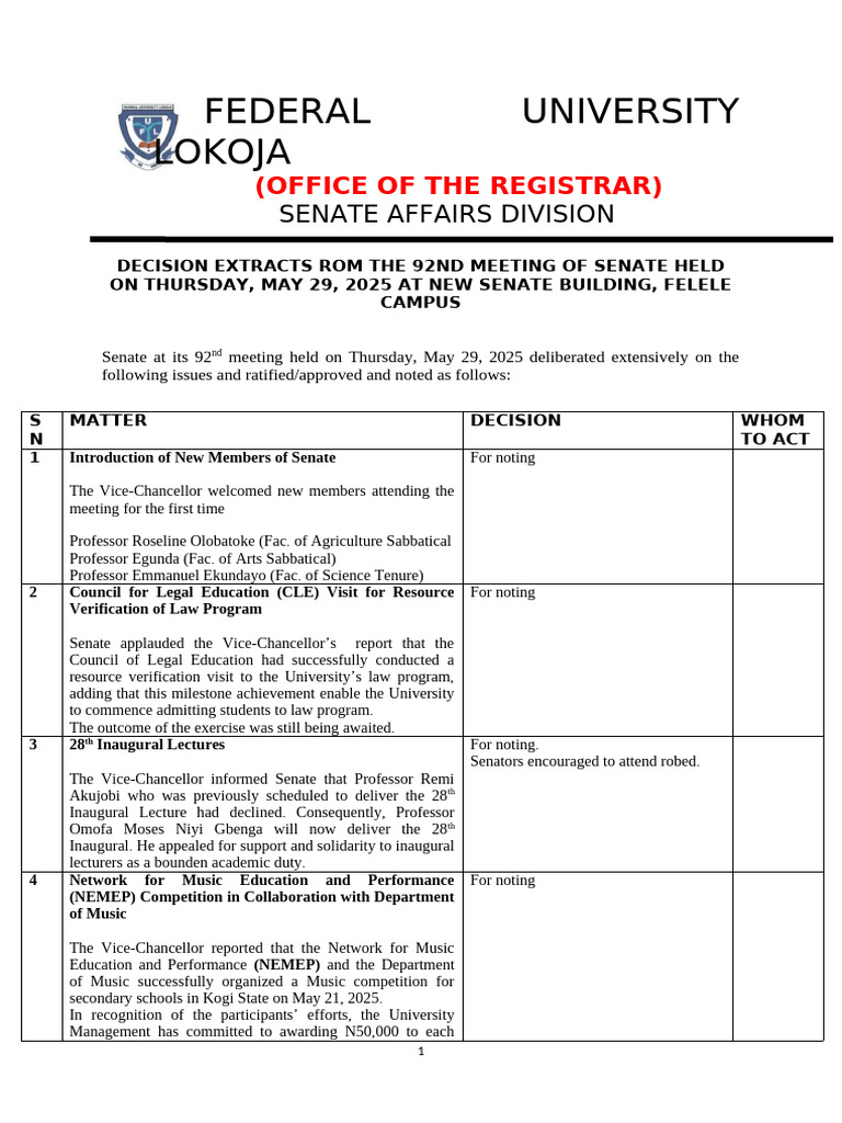 Decision Extract From The 92nd Meeting of Senate in Tabular Form | PDF ...