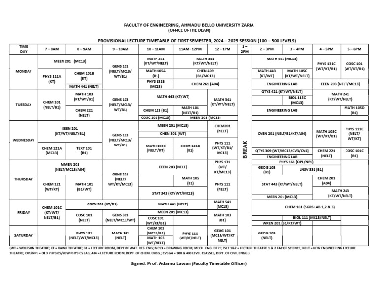 Faculty Provisional Timetable - 2024-2025 Session (First Semester) | PDF