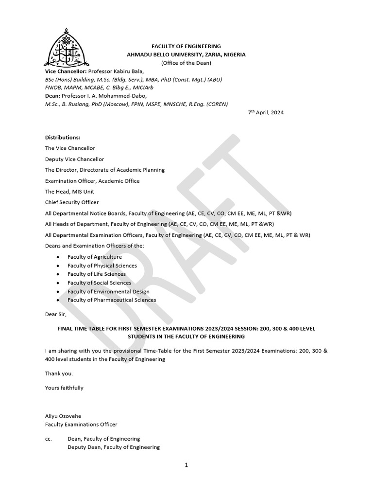 Engineering 1st Semester 20232024 Provisional Examination Timetable | PDF | Academic ...