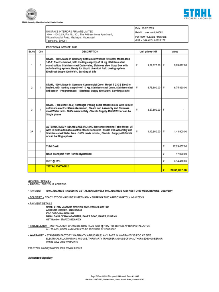 STAHL Laundry Equipment Proforma Invoice | PDF | Washing Machine ...
