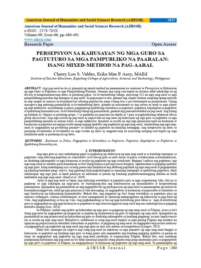 Persepsyon Sa Kahusayan NG Mga Guro Sa Pagtuturo Sa Mga Pampubliko Na Paaralan: Isang Mixed ...