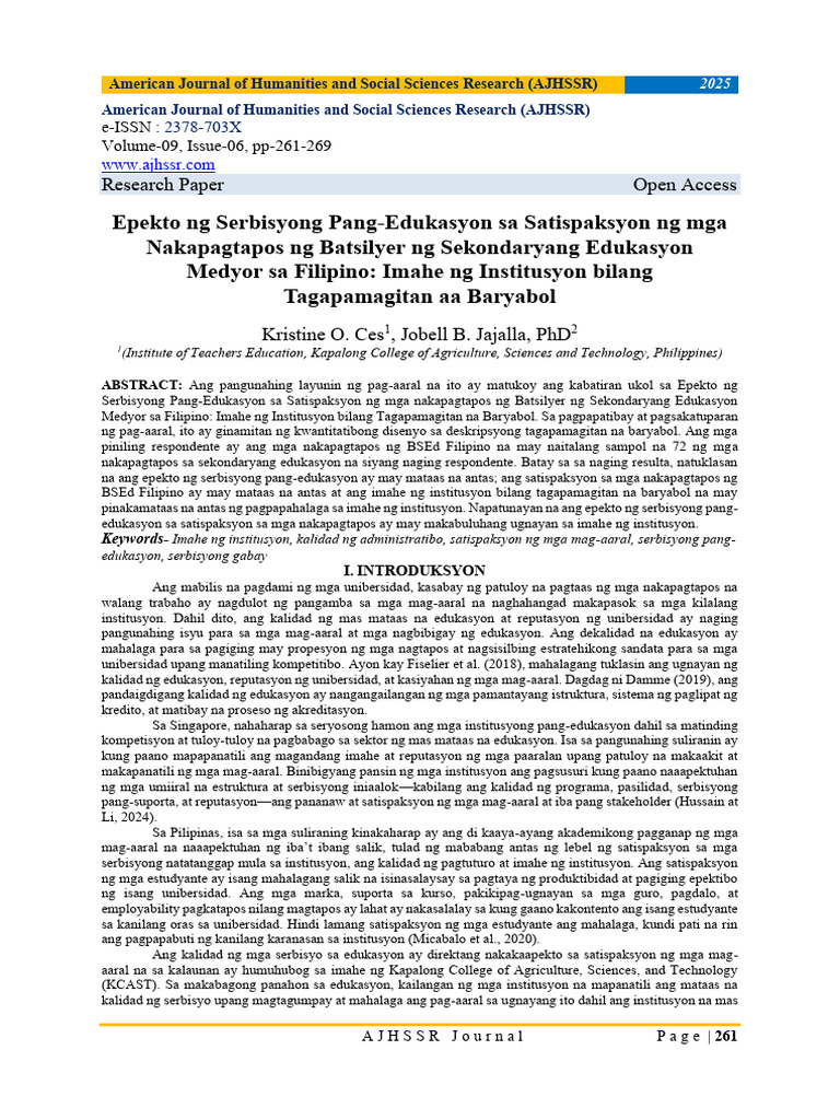 Epekto NG Serbisyong Pang-Edukasyon Sa Satispaksyon NG Mga Nakapagtapos ...