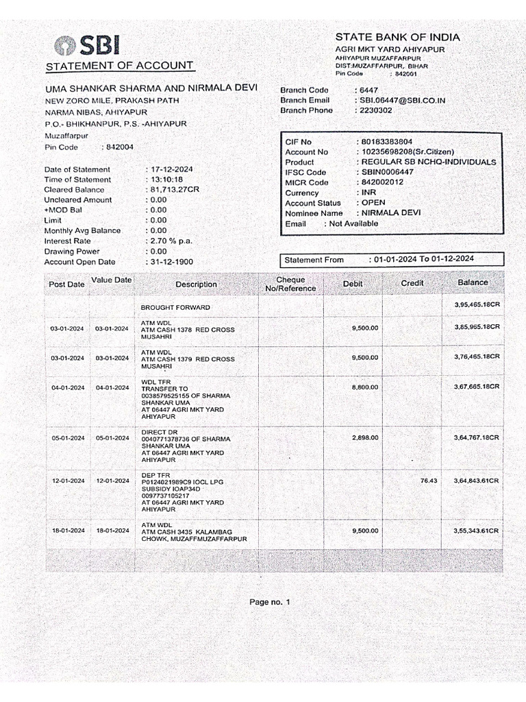 Bank Statement S.B.I | PDF