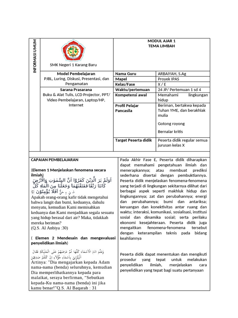 Modul Ajar 1 Tema Limbah | PDF