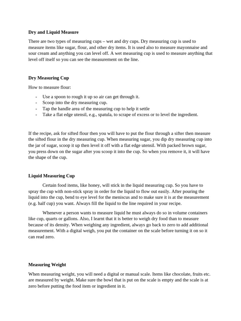 Dry and Liquid Measuring Cups and Weighing | PDF