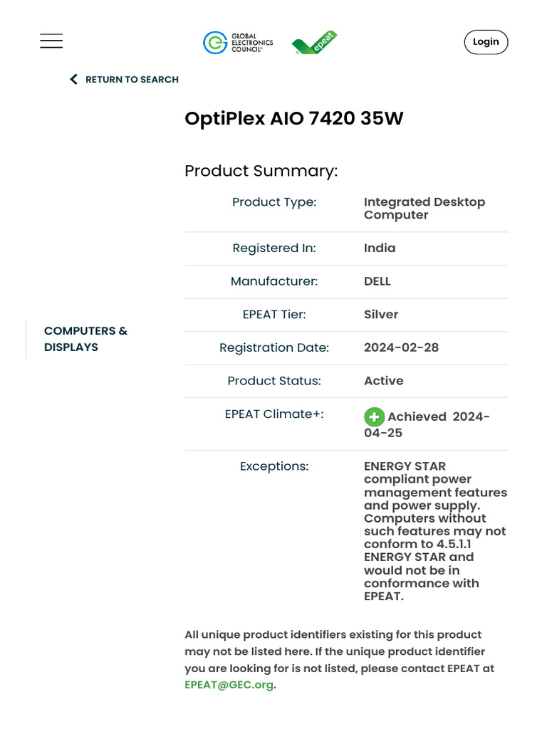 OptiPlex AIO 7420 35W - EPEAT Registry | PDF