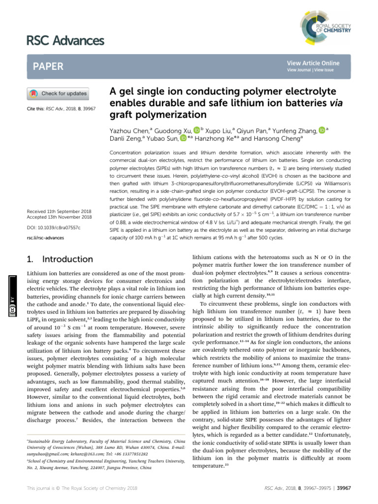 Gel Polymer Electrolyte for Lithium Batteries | PDF | Lithium Ion ...