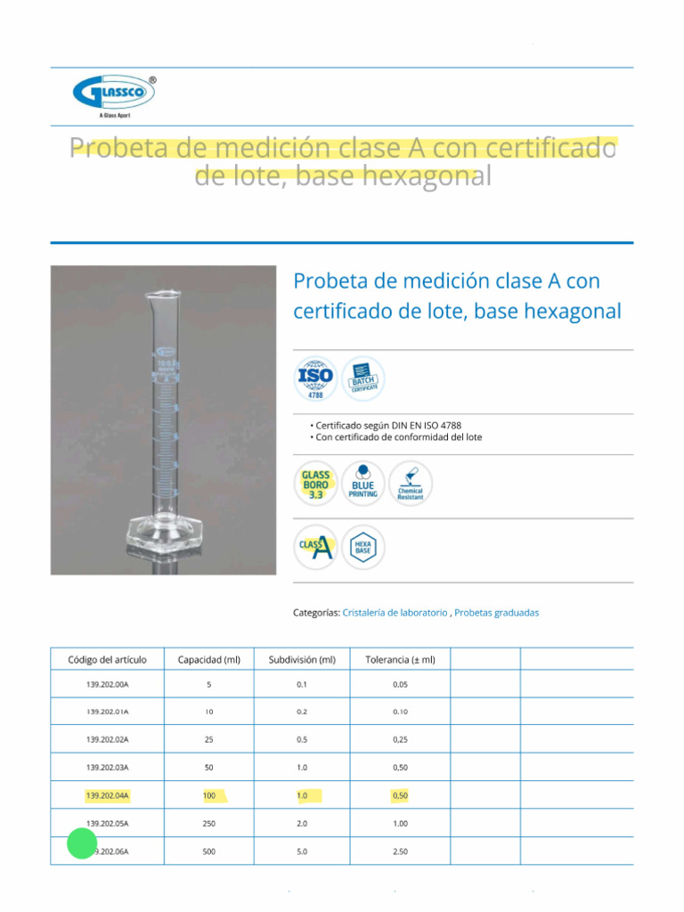 139.202.04a Probeta en Vidrio Graduada 100 Ml. Base Hex. Div 1.0 ML ...