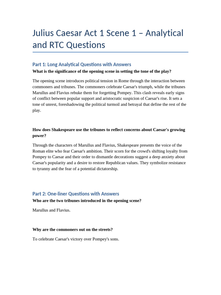 Julius Caesar Act1 Scene1 Questions Complete | PDF