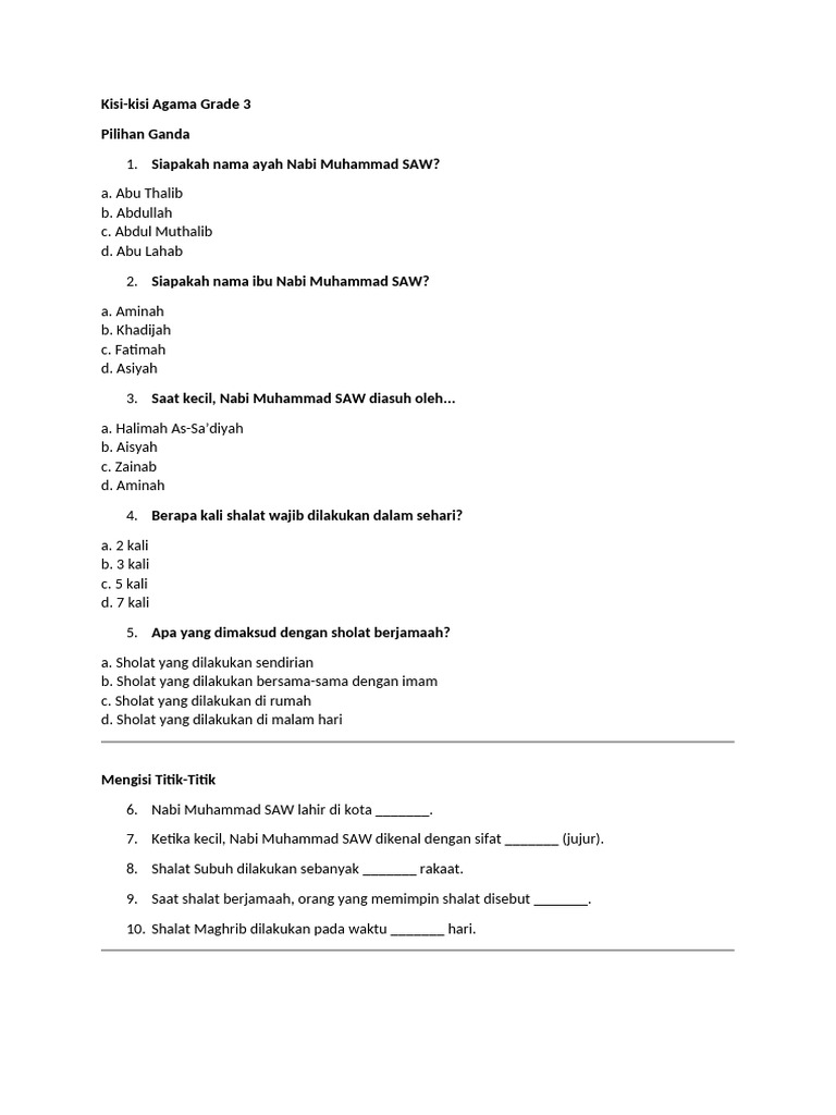 Contoh Soal Agama Grade 3 | PDF