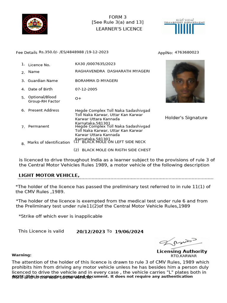 Light Motor Vehicle,: Warning | PDF | Road Transport | Land Transport