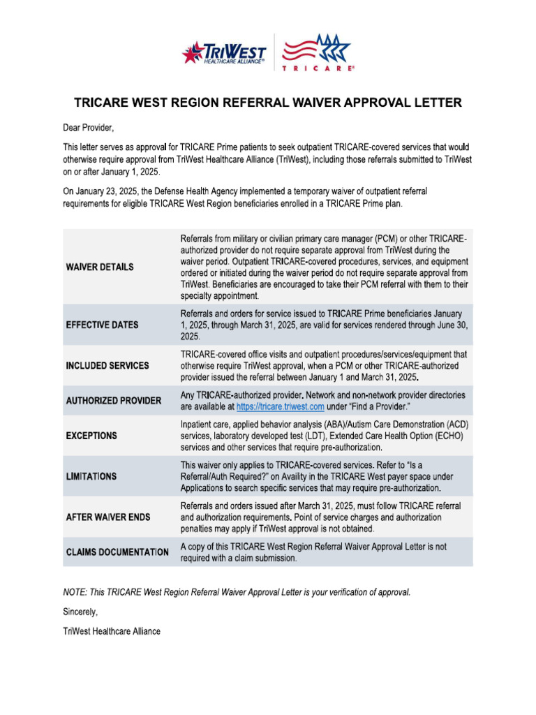 (02!04!2025) Triwest Waiver Approval Letter | PDF