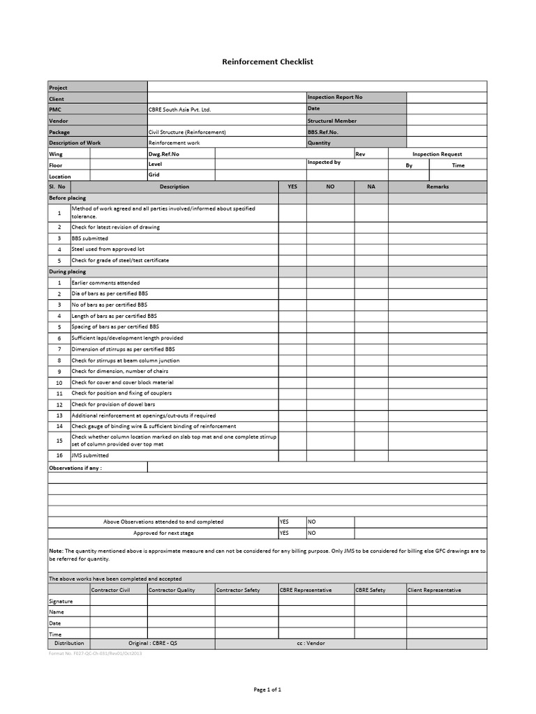 Reinforcement Inspection Checklist | PDF