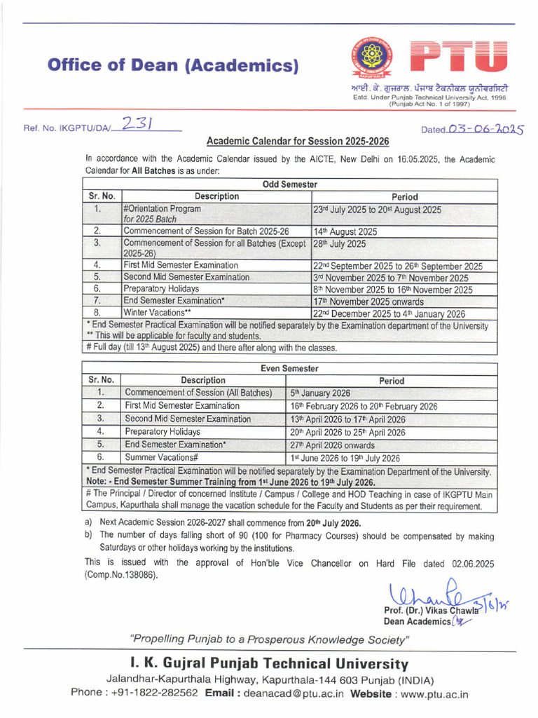 PTU Academic Calendar 2025-26 | PDF | Academic Term | Government