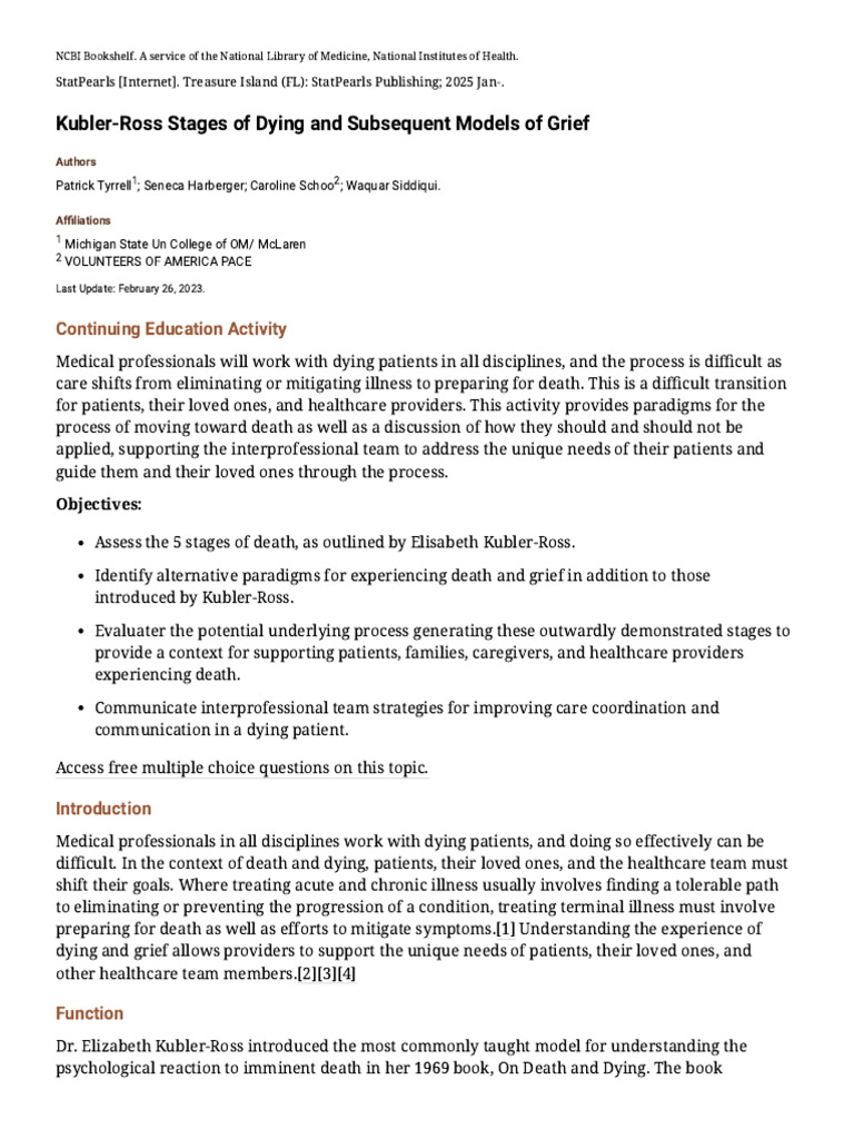 Kubler-Ross Stages of Dying and Subsequent Models of Grief - StatPearls ...