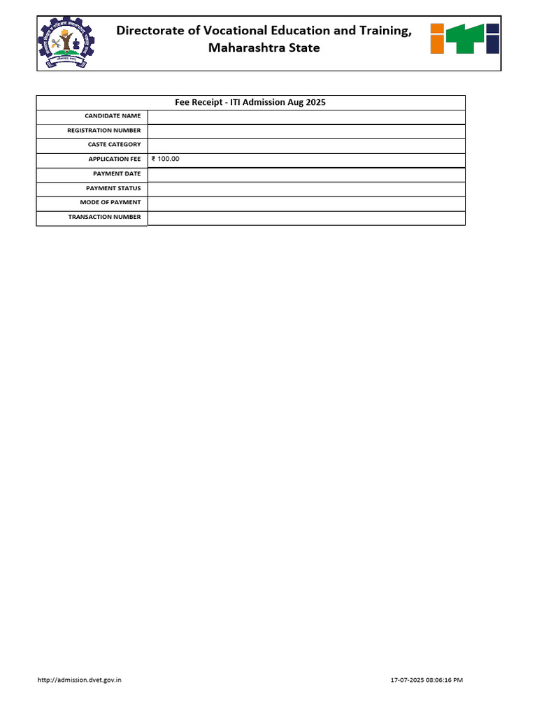 ITI Admission Fee Receipt - Aug 2025 | PDF