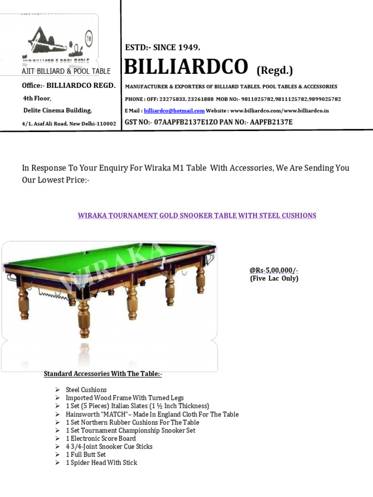 Wiraka M1 Table Pricing in India | PDF | Cue Sports | Snooker