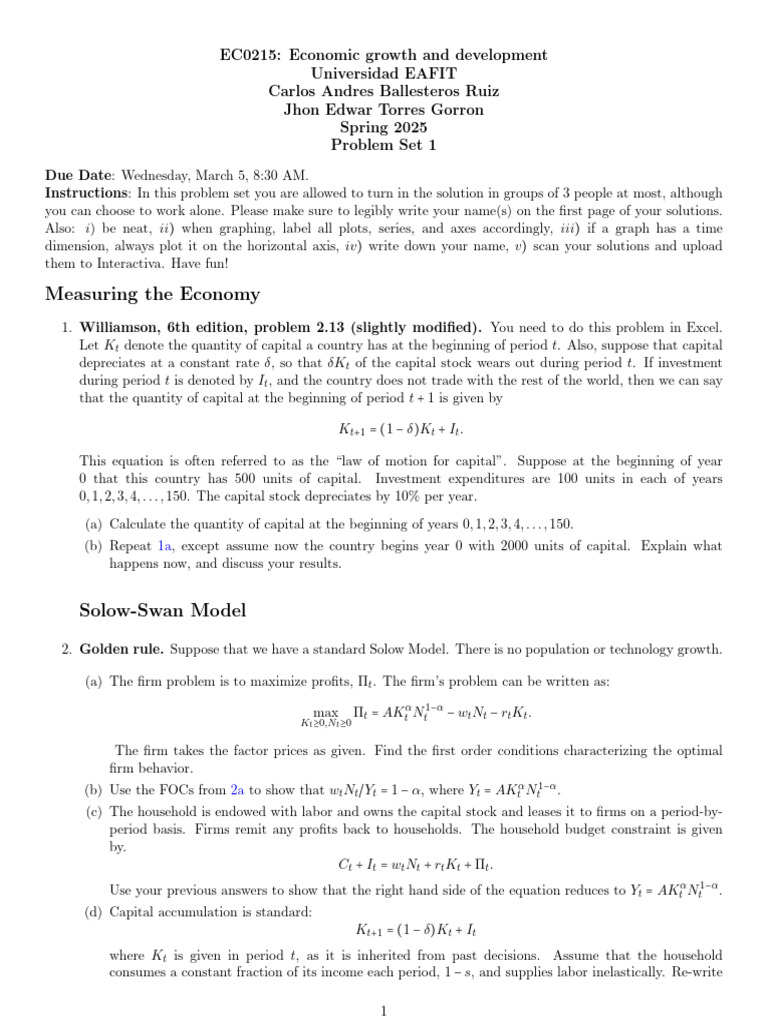 PS1 - Economic Growth and Development - Spring 2025 | PDF ...