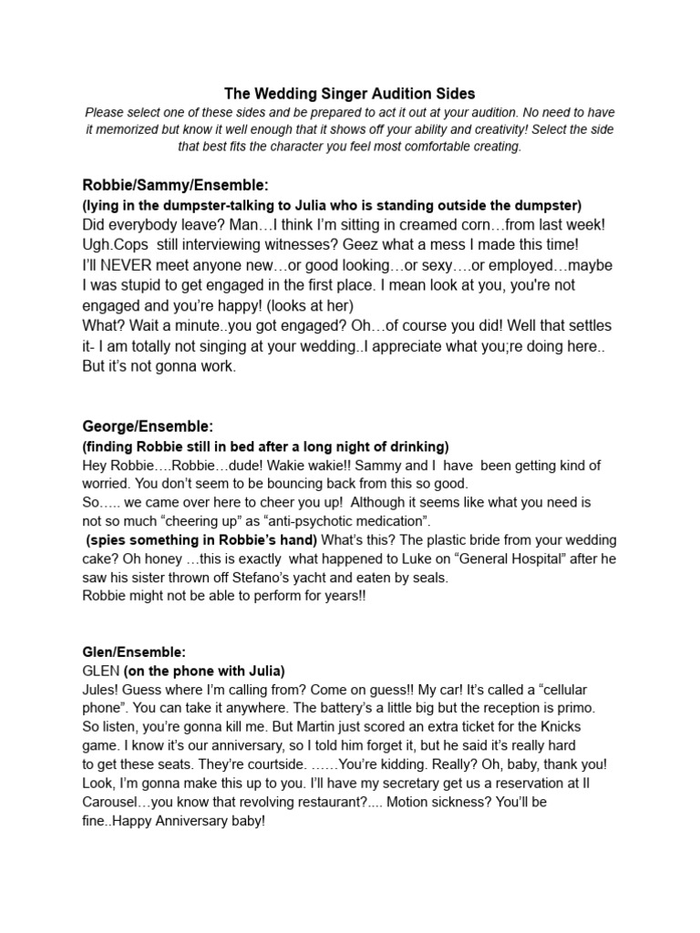 Wedding Singer Audition Sides | PDF