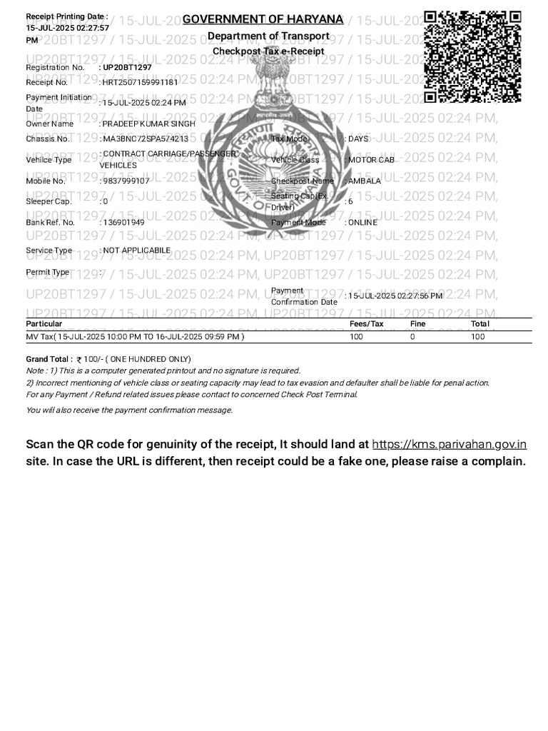 Haryana Border Tax Receipt Details | PDF | Vehicles | Transport