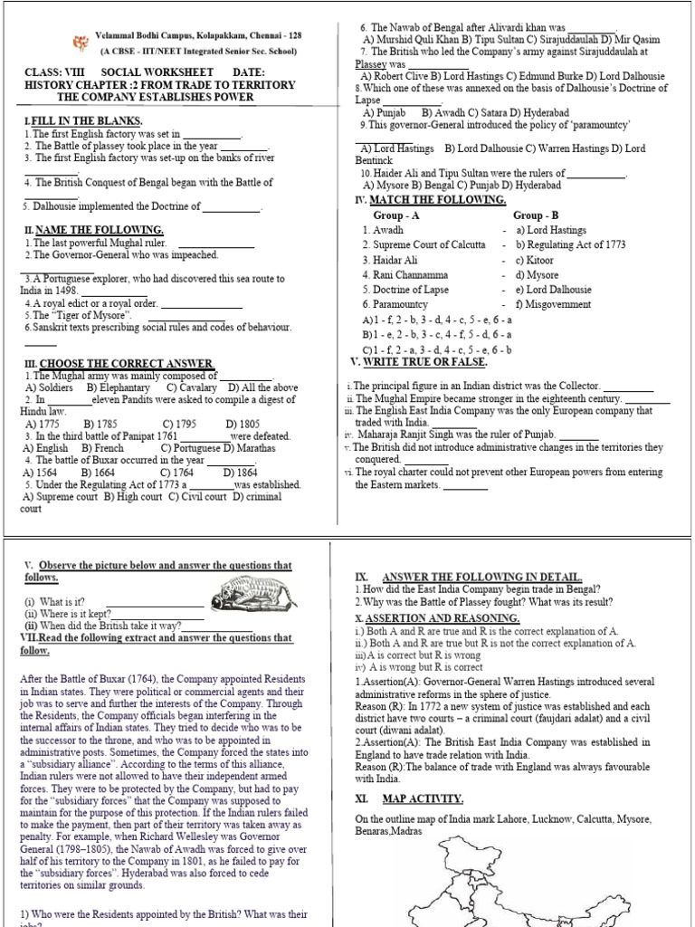 Class 8 History: Trade to Territory Worksheet | PDF | South Asia
