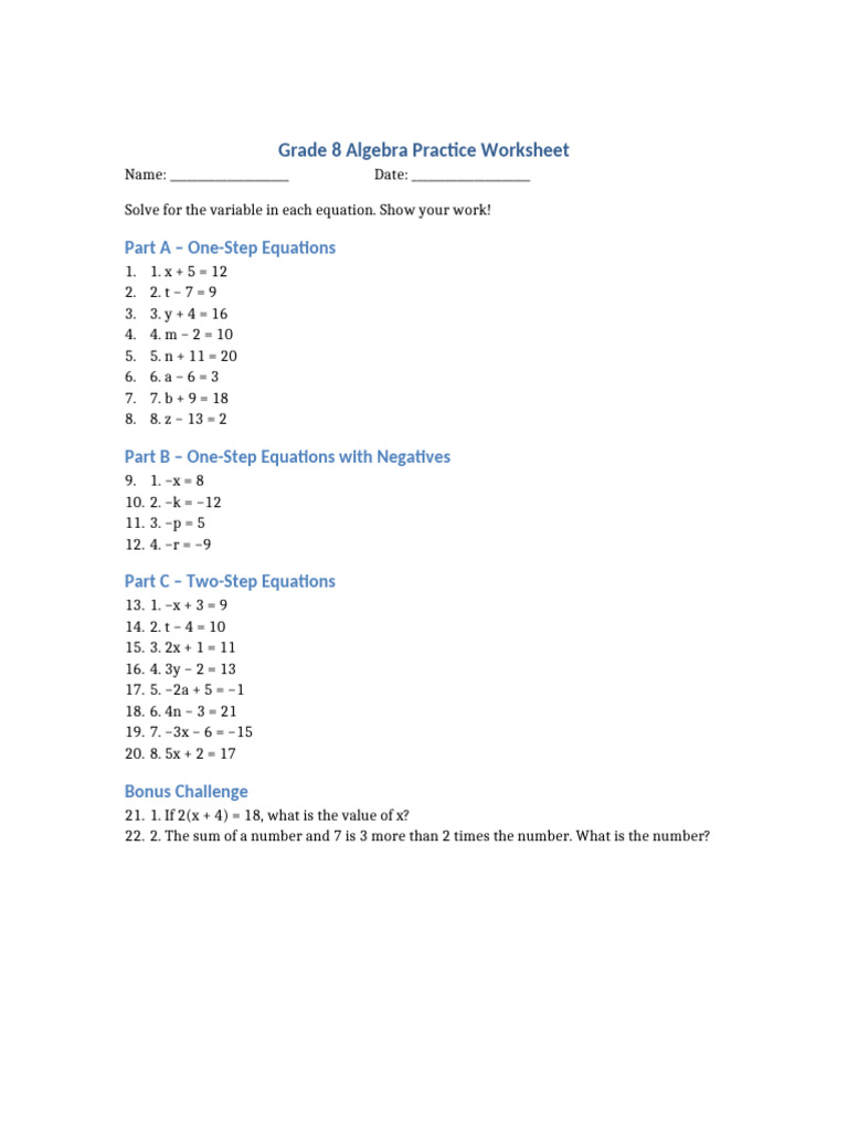 Grade 8 Algebra Worksheet | PDF