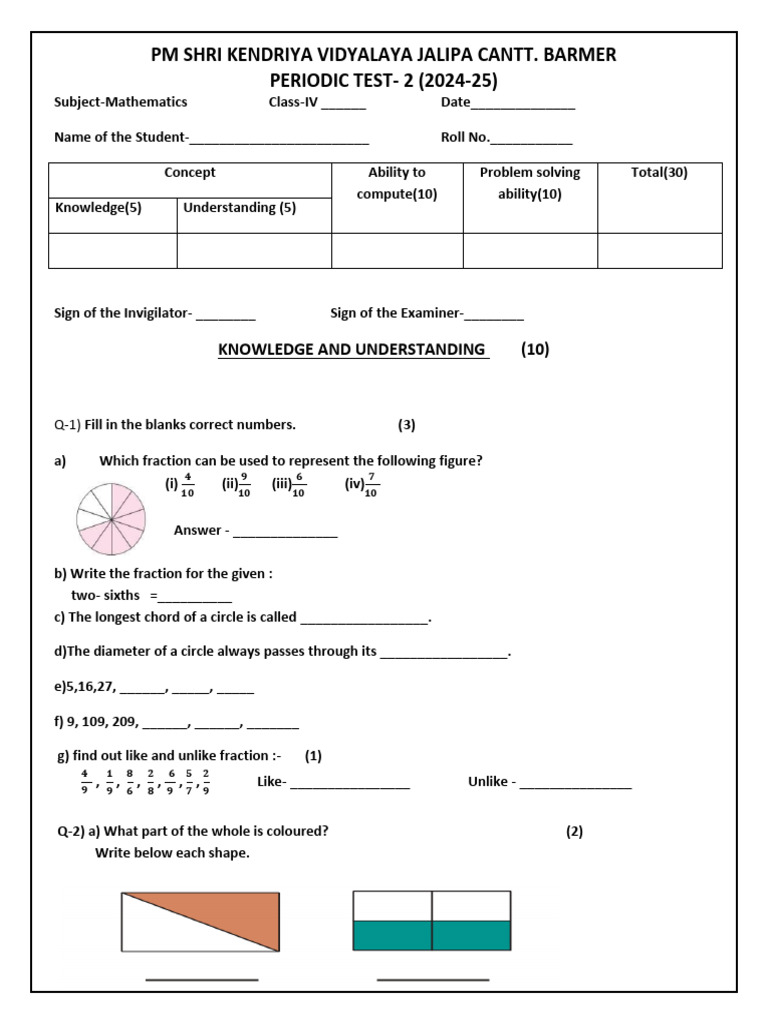 Class IV Mathematics Periodic Test 2 | PDF | Elementary Geometry