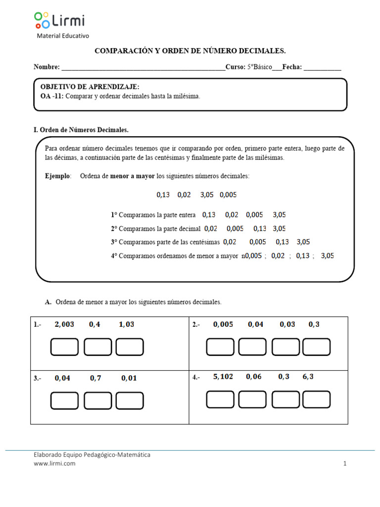 Comparación y Orden de Decimales 5° Básico | PDF