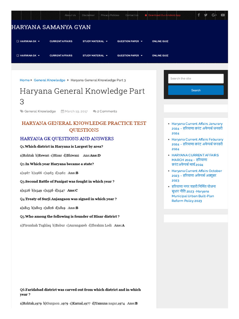 Haryana General Knowledge Part 3 | PDF | Politics Of India