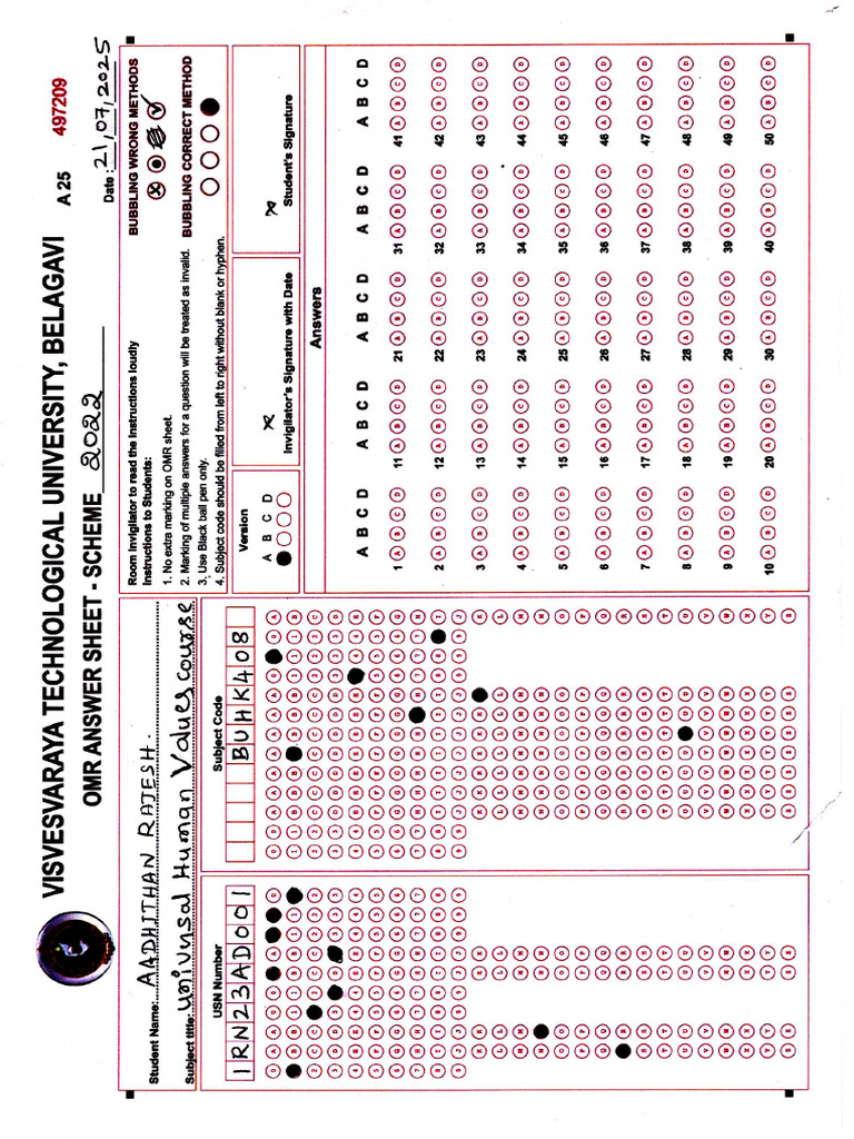 Universal Human Values Course (BUHK408) OMR Sample Sheet | PDF