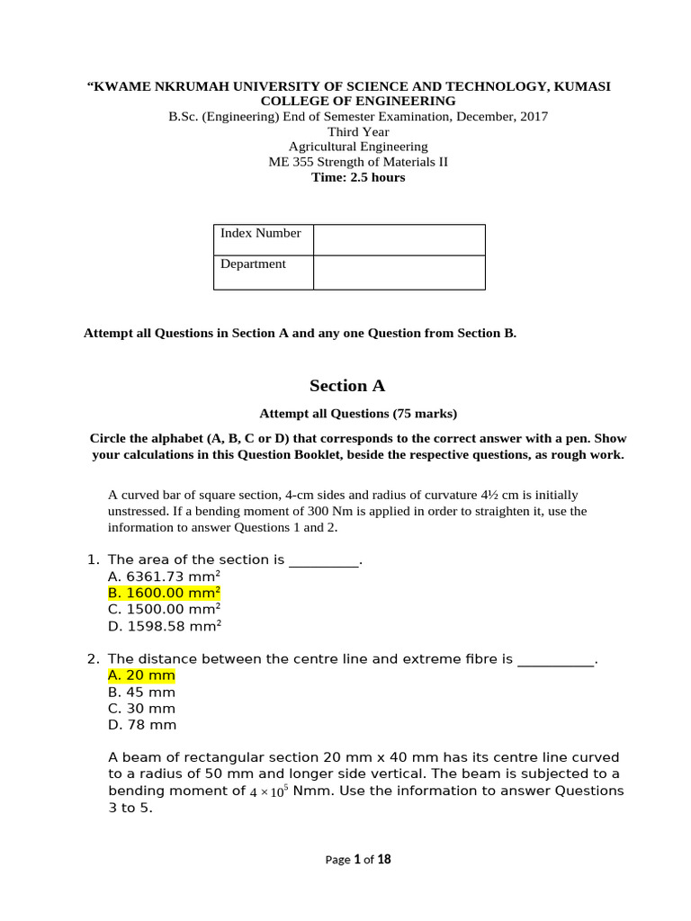 ME 355 Pruefung Dec. 2017 Marking Scheme | PDF | Bending | Young's Modulus