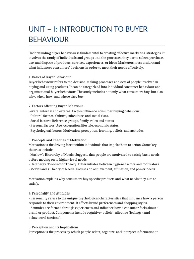 Unit I Introduction To Buyer Behaviour | PDF | Consumer Behaviour ...