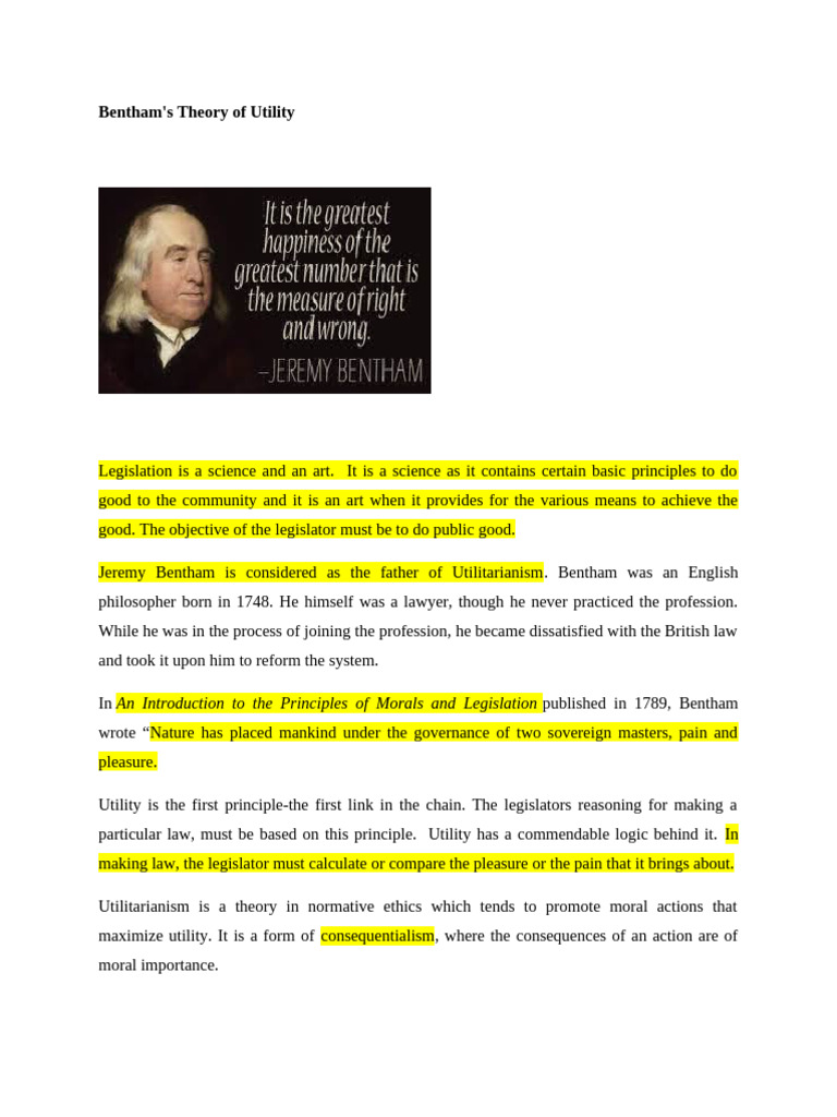 Benthams Theory of Utility (1) 1 | PDF | Utilitarianism | Pleasure